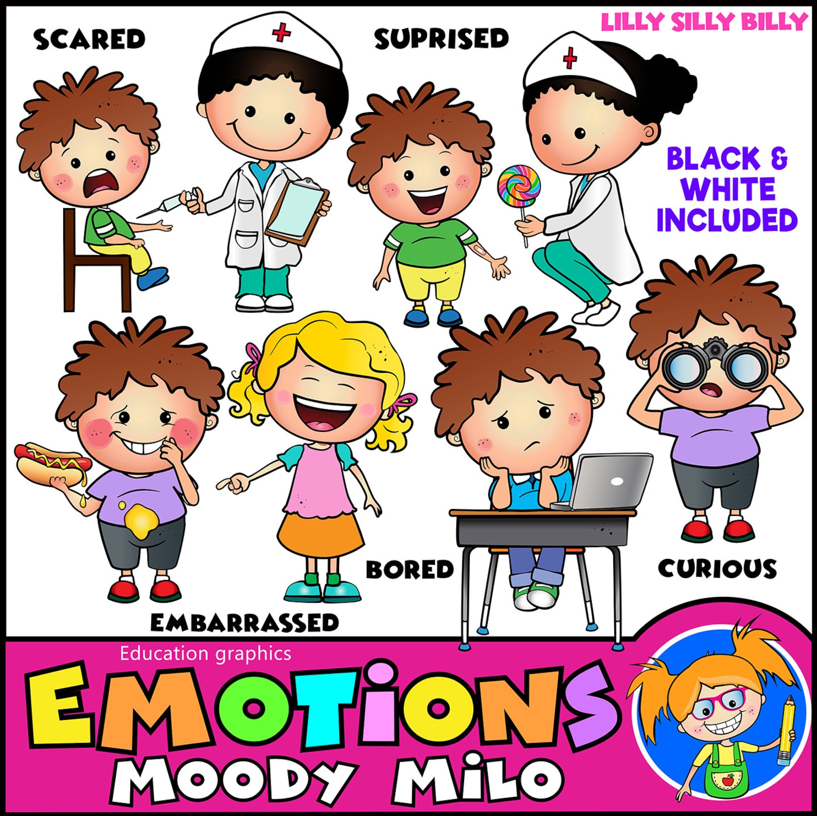 Emotions Clipart Moody Milo Lilly Silly Billy Super Sweet - Etsy