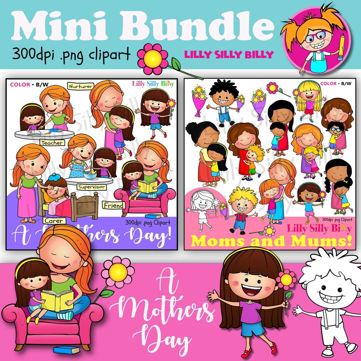 A Mothers Day - Clipart Mini Bundle in BLACK & WHITE/ Full Color. Small ...