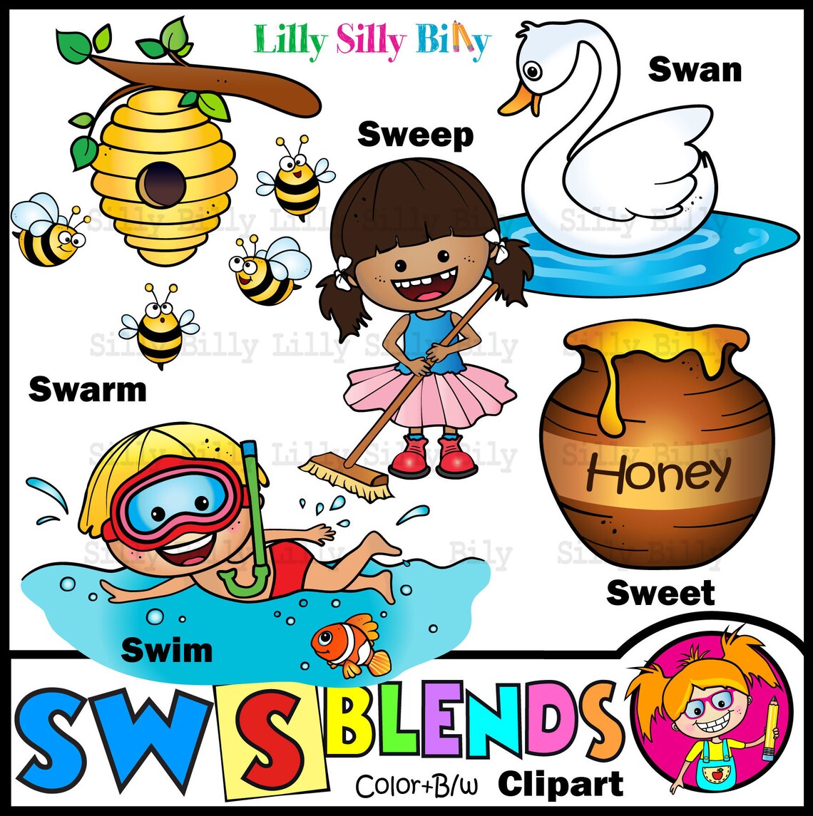 S Blends (sw), Black and White and Color Clipart. Word Illustrations ...