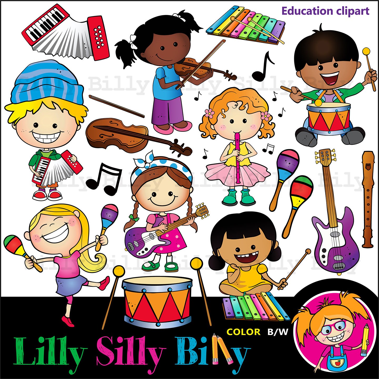 Kids Playing Instruments Clipart Black And White