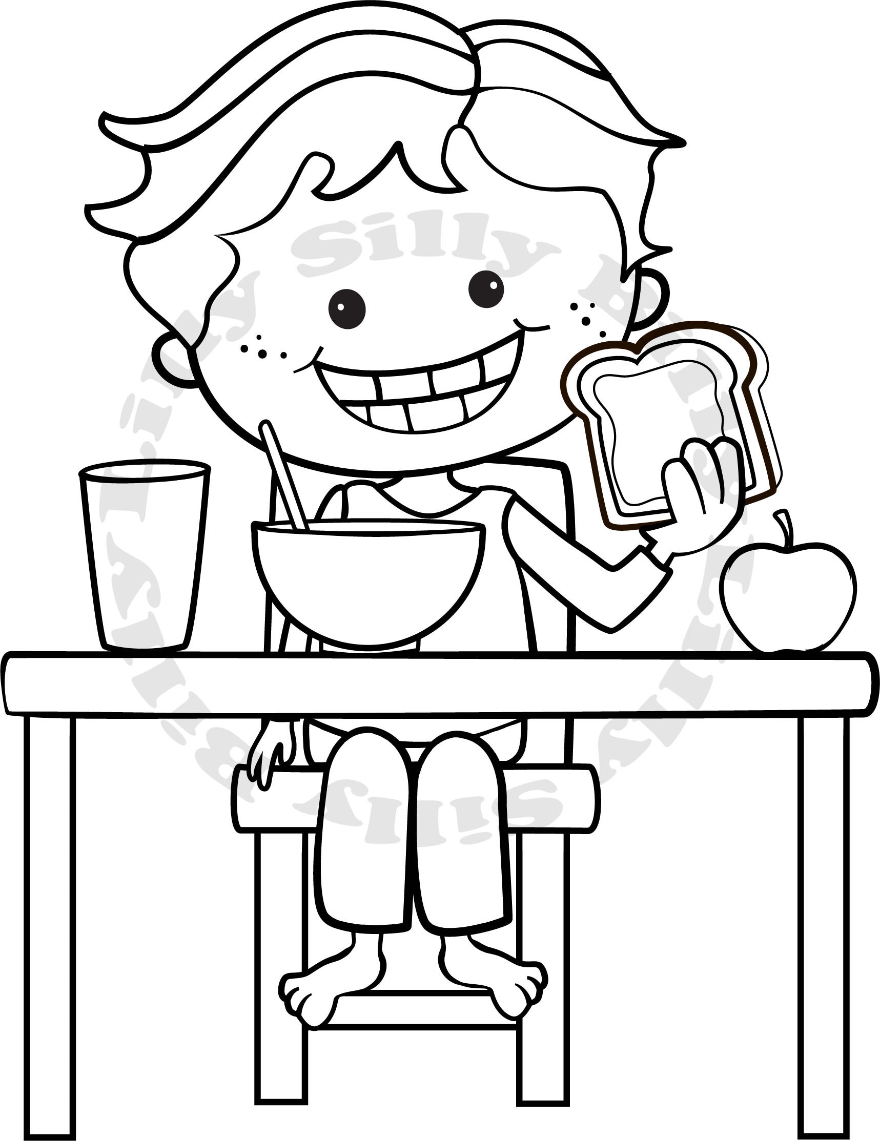 Boy Eating Breakfast Clipart Black And White