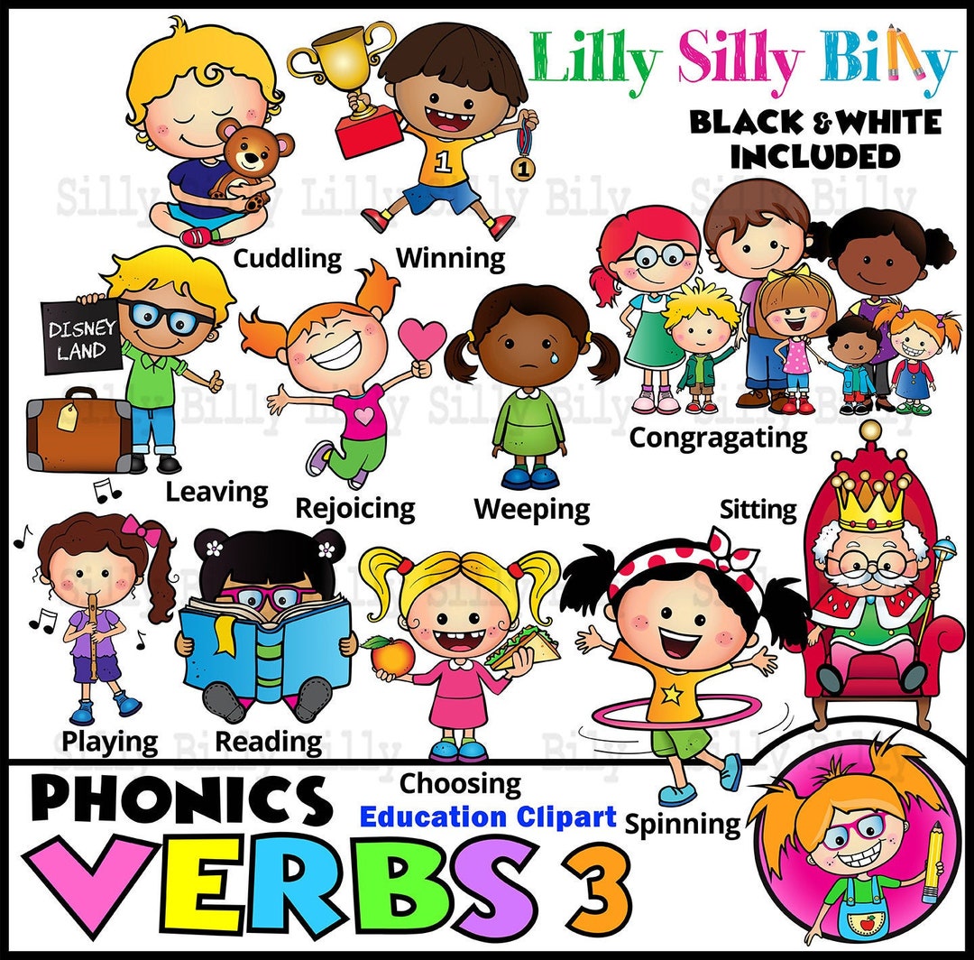 Phonics VERBS 3 - B/W & Color Clipart {lilly Silly Billy} - Etsy