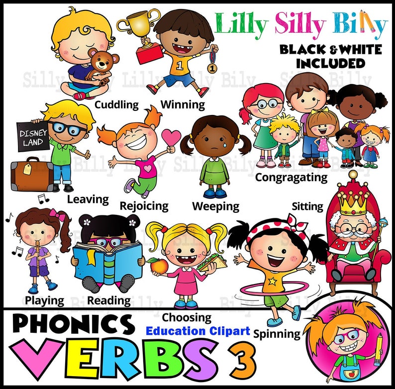 Phonics VERBS 3 B/W & Color Clipart lilly Silly Billy | Etsy