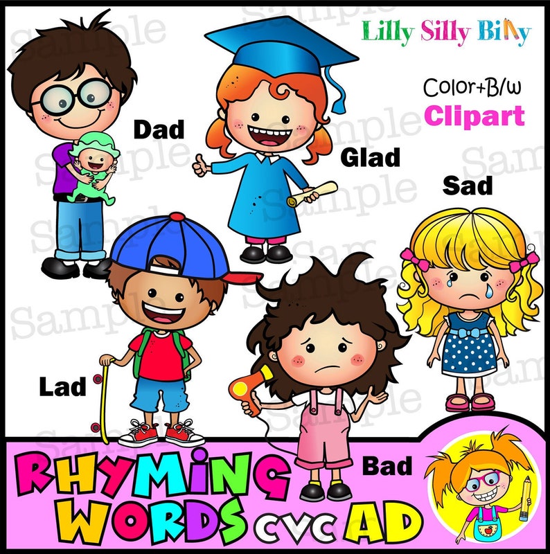 CVC Rhyming Word Clipart - AD - B/W & Color Images. for Small ...