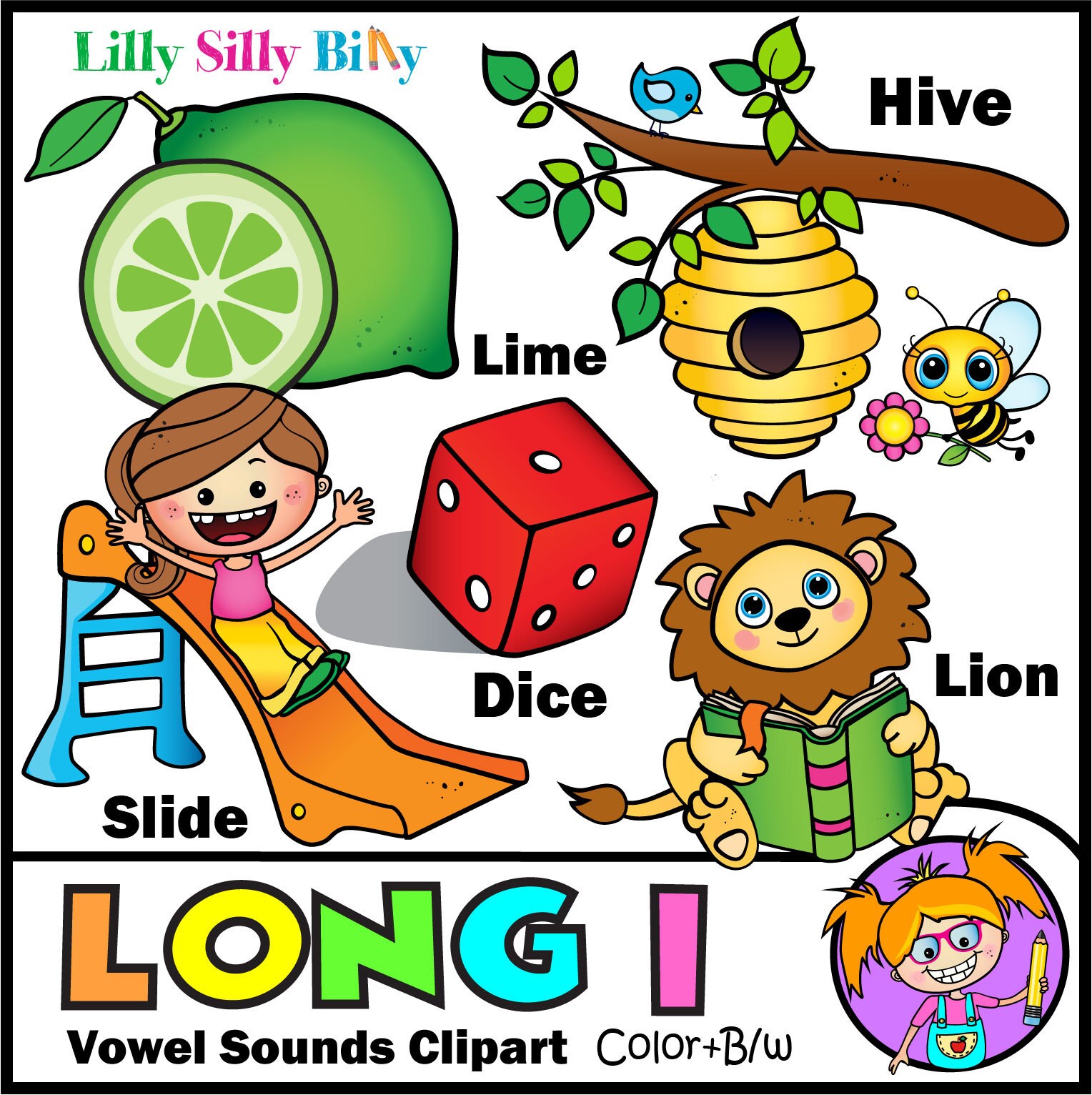 Phonics 50 Image LONG VOWELS BUNDLE B/W & Color Clipart. - Etsy