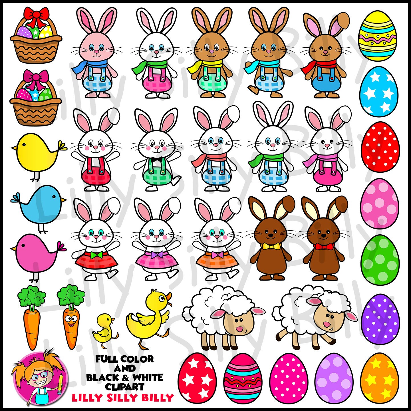 Hoppy Easter Clipart in BLACK & WHITE/ Full Color. Small - Etsy