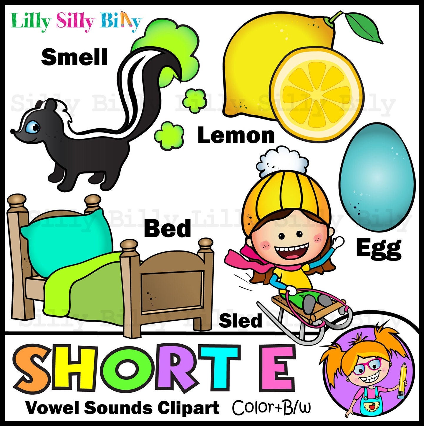 Phonics SHORT E Vowel Sound B/W & Color Clipart. lilly - Etsy