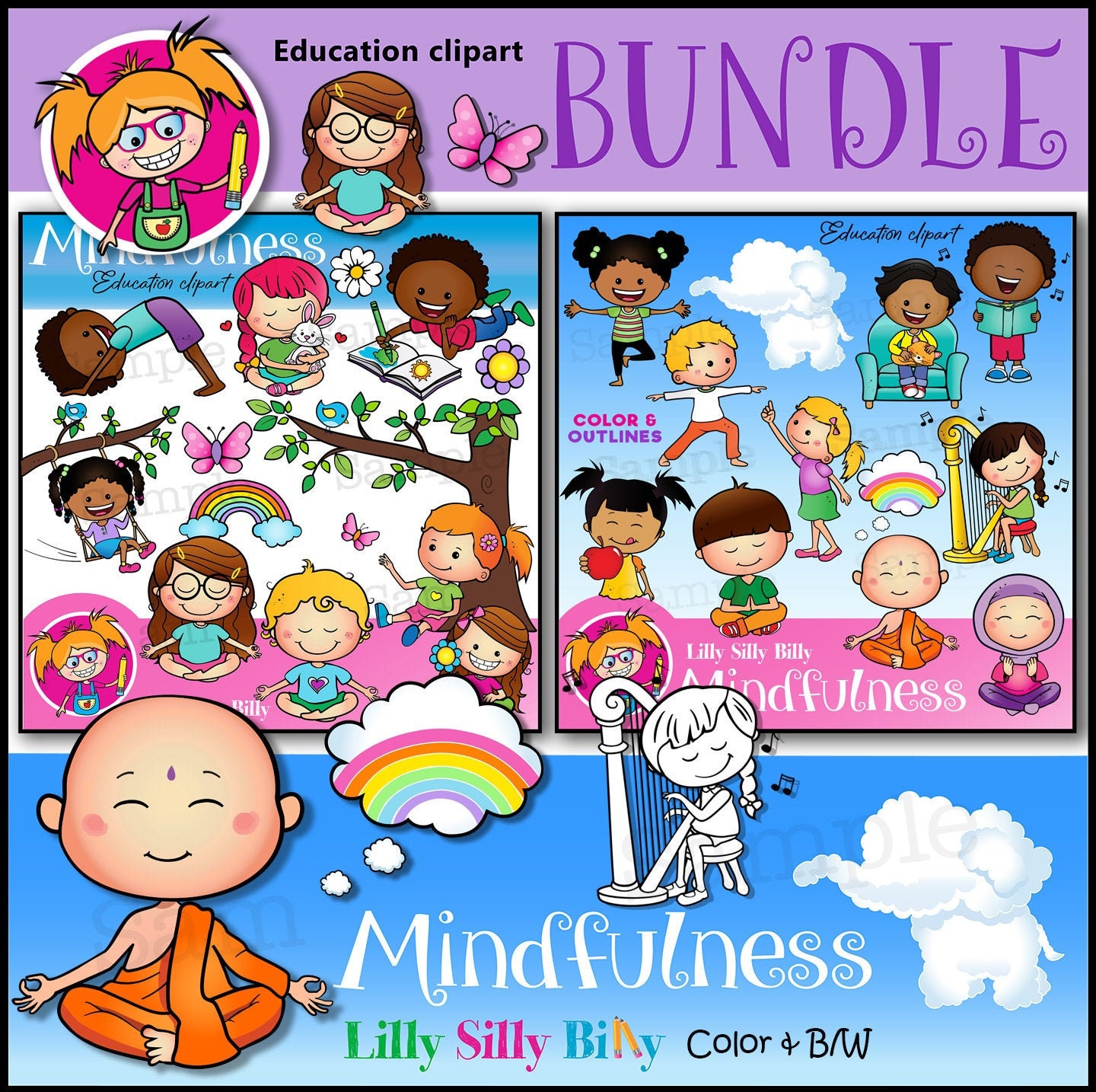 Mindfulness Clipart BUNDLE. BLACK and WHITE and Full Color - Etsy