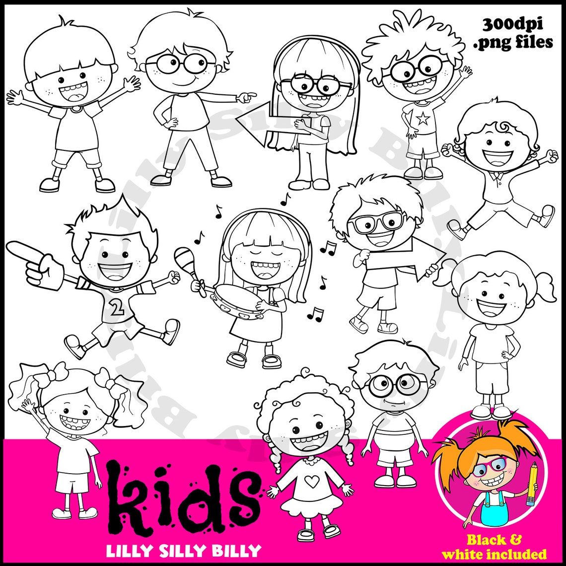 Kids. Clipart in Color & Black/white. {lilly Silly Billy}. Small ...
