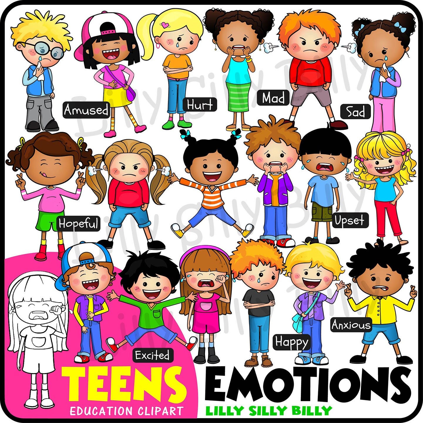 Las emociones de los adolescentes. Clipart, Blanco y Negro y COLOR ...