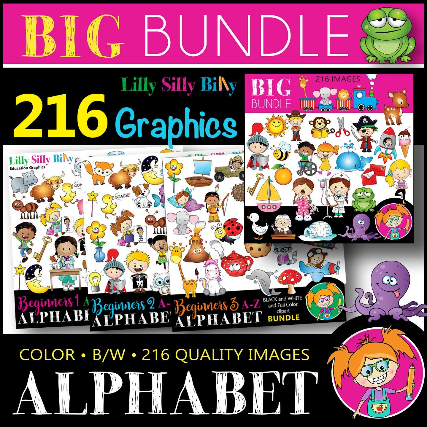 Alphabet BIG BUNDLE- 216 Images: Black and White/ Color Graphics A - Z ...