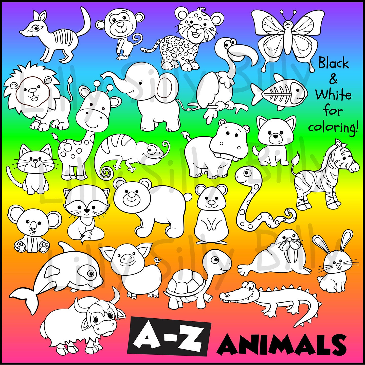 Animals A-Z Clipart. Black & White and Full Color Graphics. - Etsy