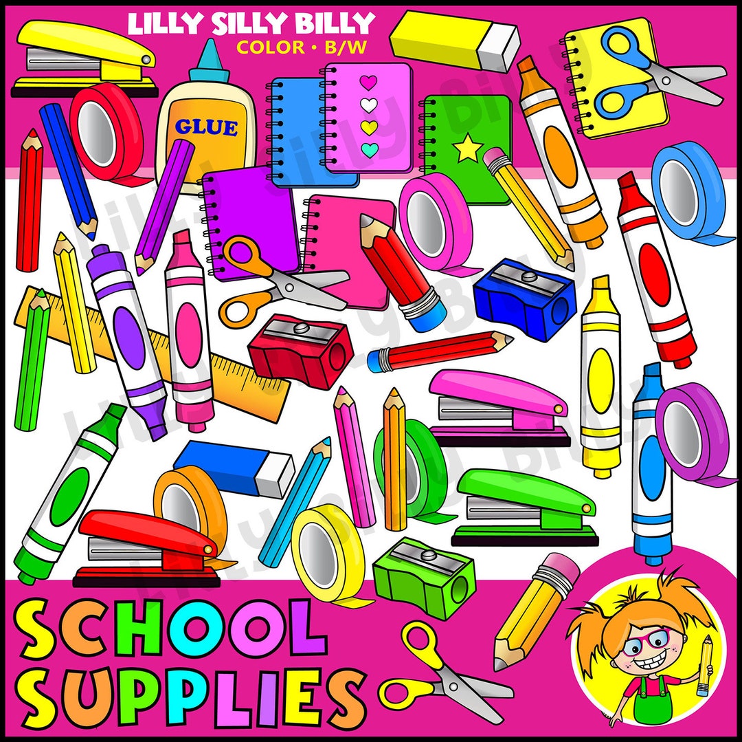 School Supplies. Rainbow Colored School Stationery Clipart. Small ...