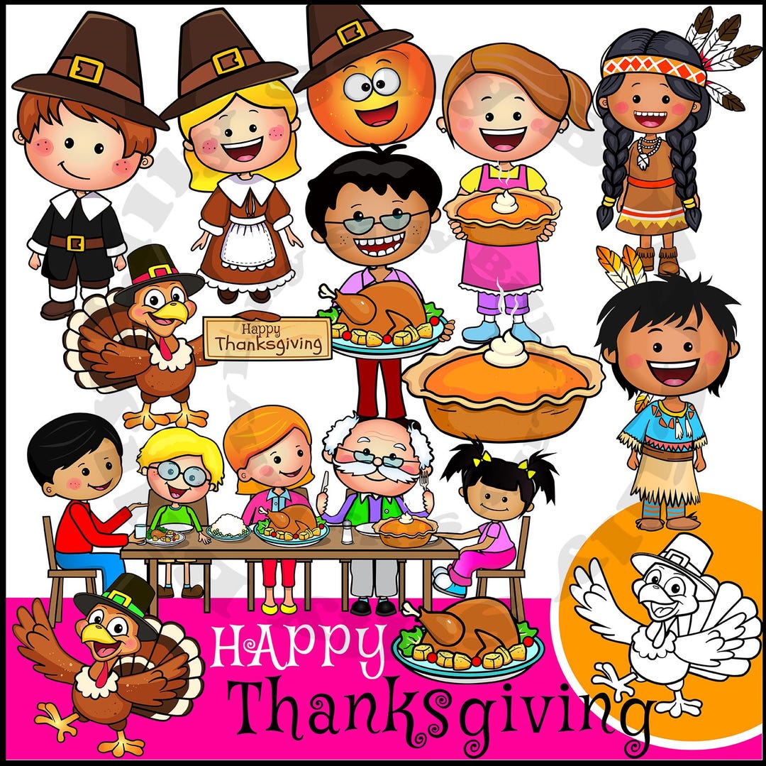 Thanksgiving Clipart. Pilgrim, Native Amercian Indian, Happy Turkey and ...