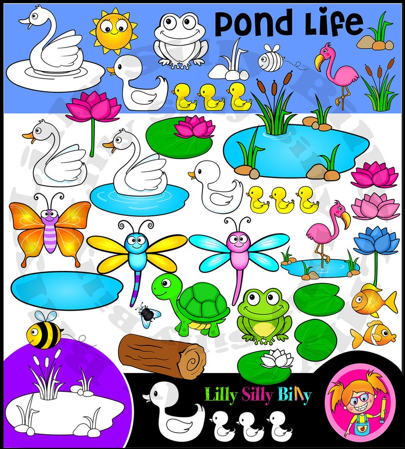 Pond Life, Clipart. Black & White and Full Color Graphics. Frog and ...