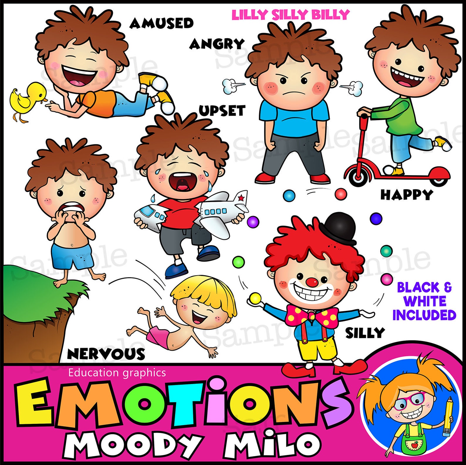 Emotions Clipart Moody Milo Lilly Silly Billy Super Sweet - Etsy