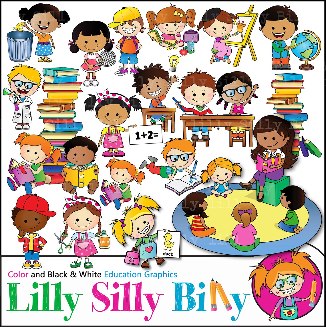 School Day, Clipart Bundle, Children Learning, Spelling, Reading ...