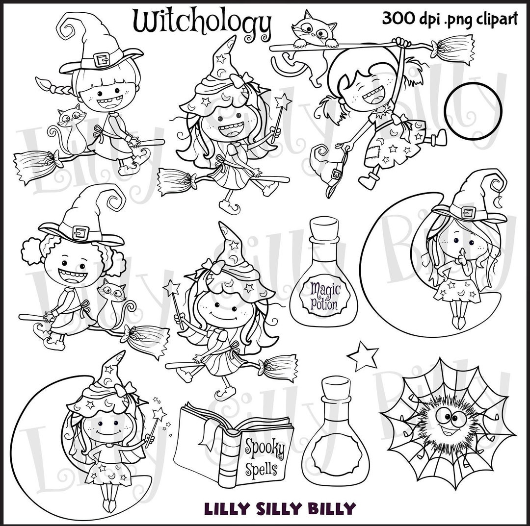 Witchology - Black and White Clipart Stamps. Sweet, Not-so-scary ...