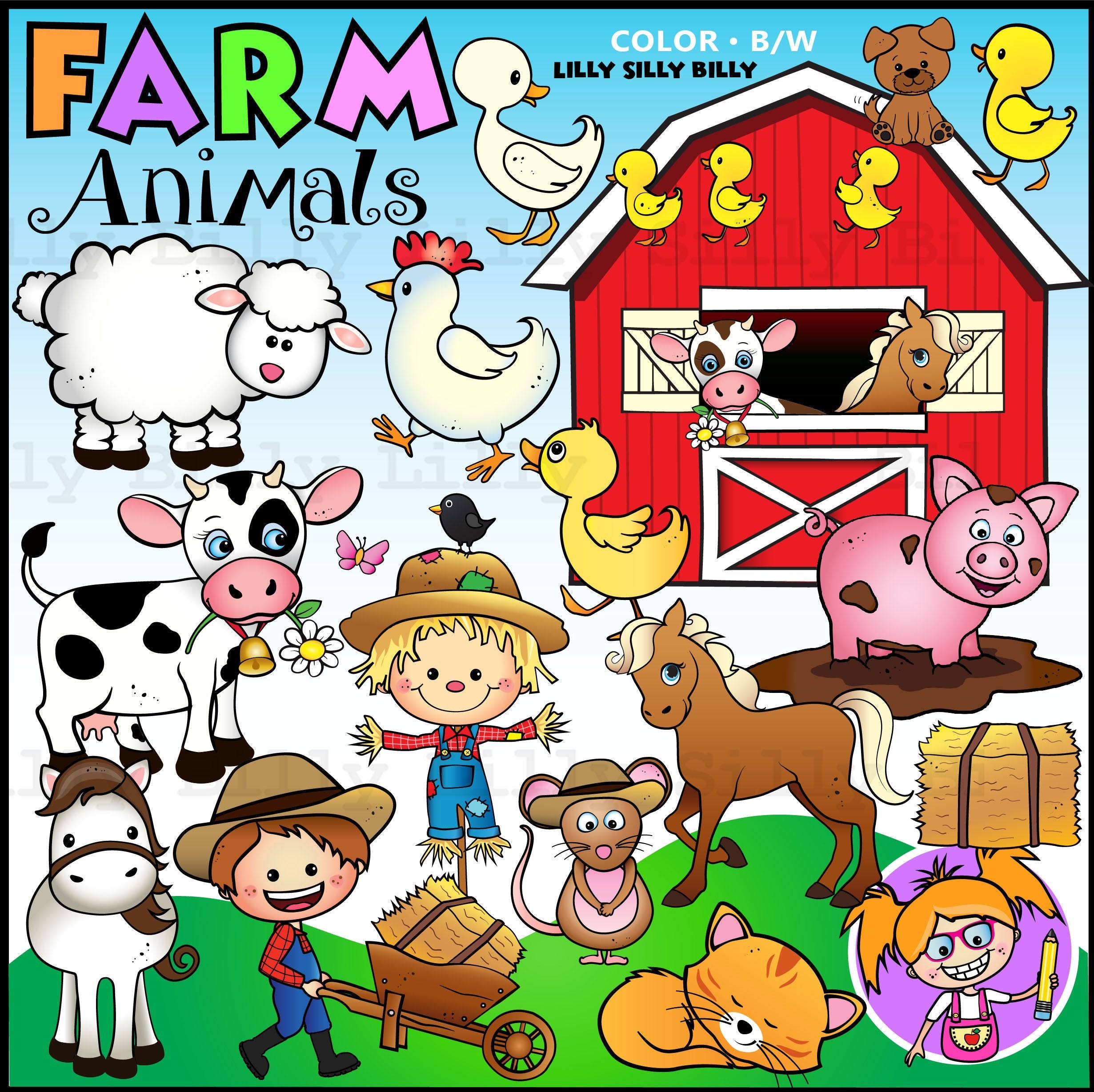 Farm Animals Vibrant Clipart of Farm Animals and Farm Life. Small ...
