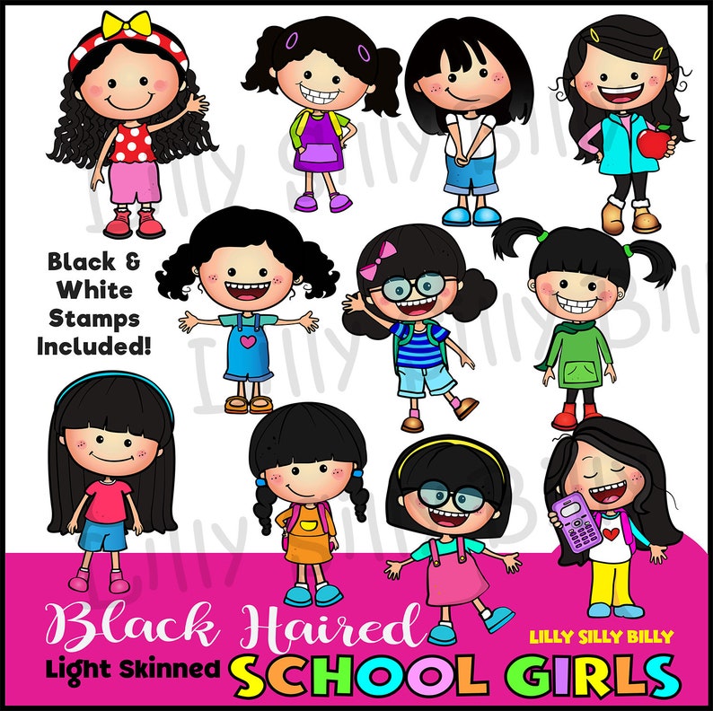 Black Haired Light Skinned School Girls. Clipart Black and - Etsy