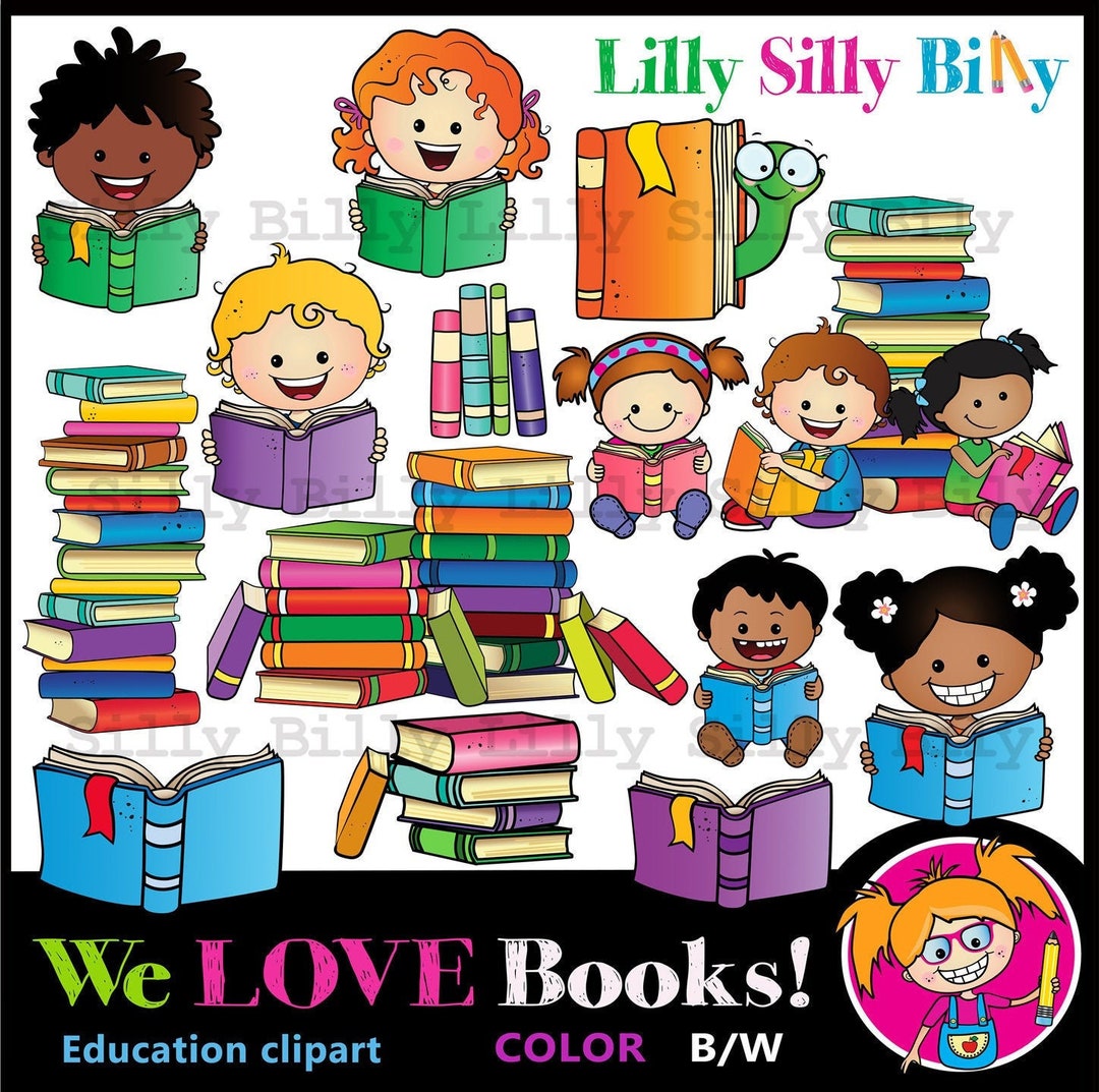 We Love Books! BLACK and WHITE and COLOR Education Graphics of Colorful ...