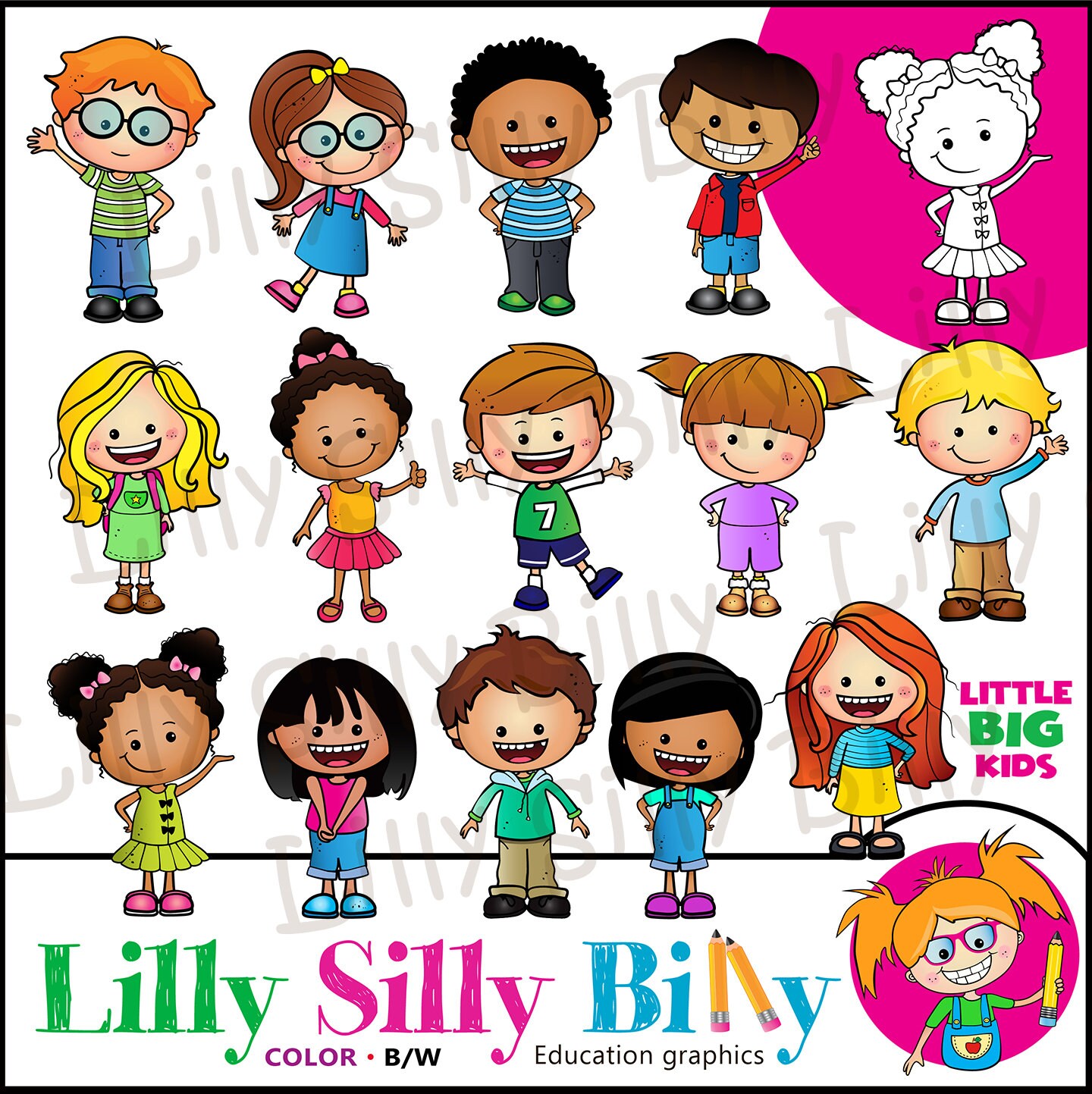 Little BIG Kids. BLACK and WHITE and Full Color Clipart Set. Education ...