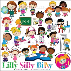 School Day Clipart Value BUNDLE, 136 Graphics, Children Learning ...