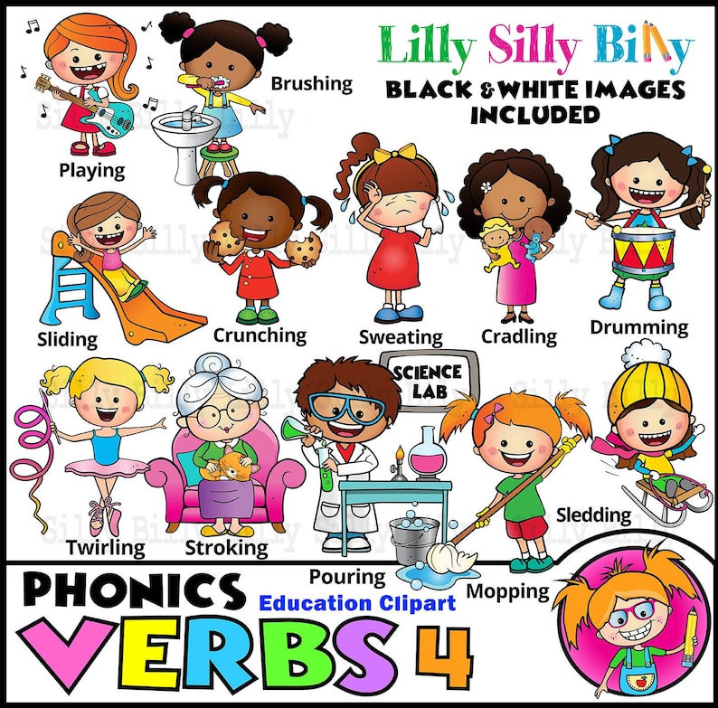 Phonics VERBS 4 B/W & Color Clipart lilly Silly Billy - Etsy