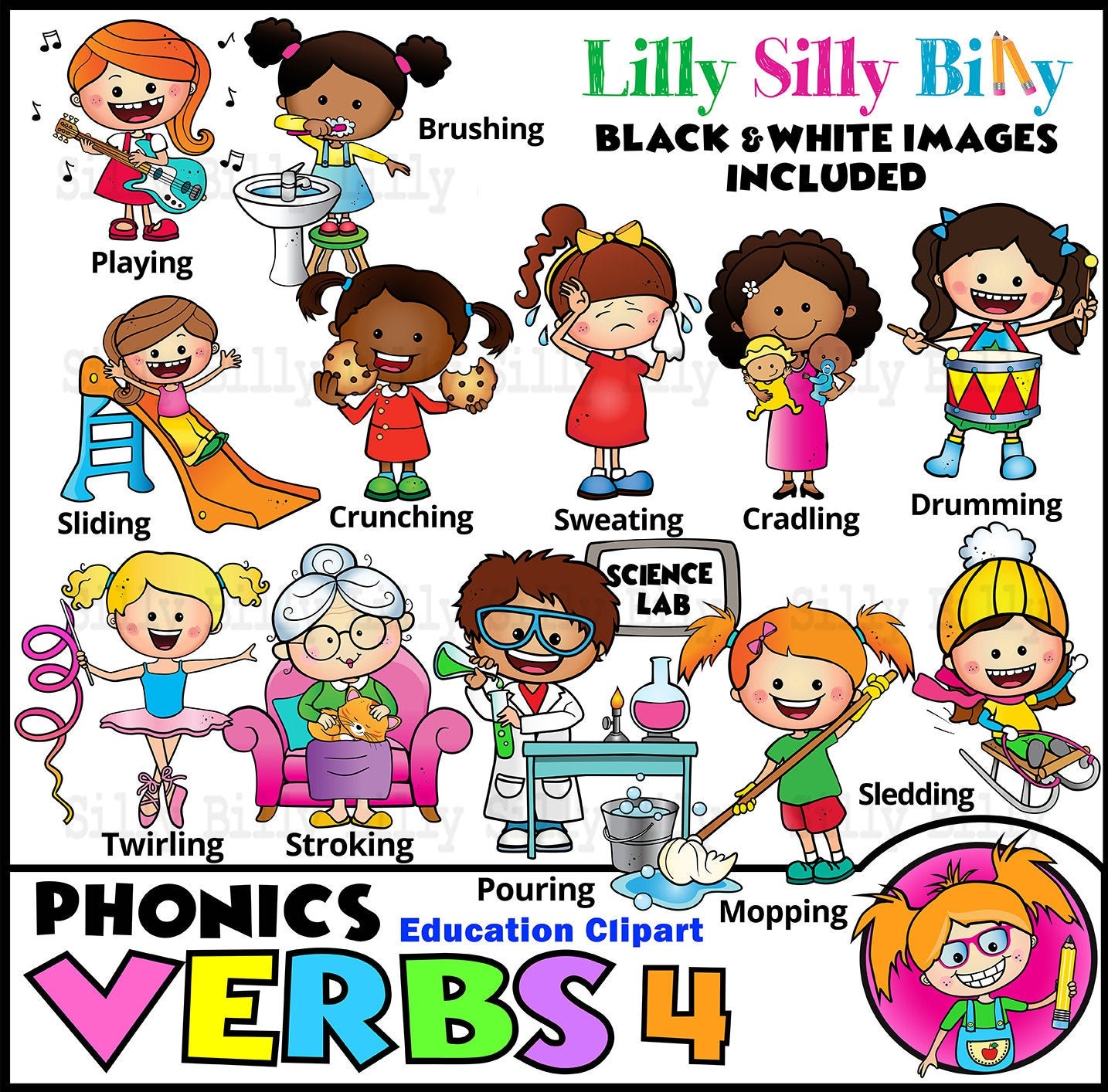 Phonics VERBS 4 B/W & Color Clipart lilly Silly Billy - Etsy