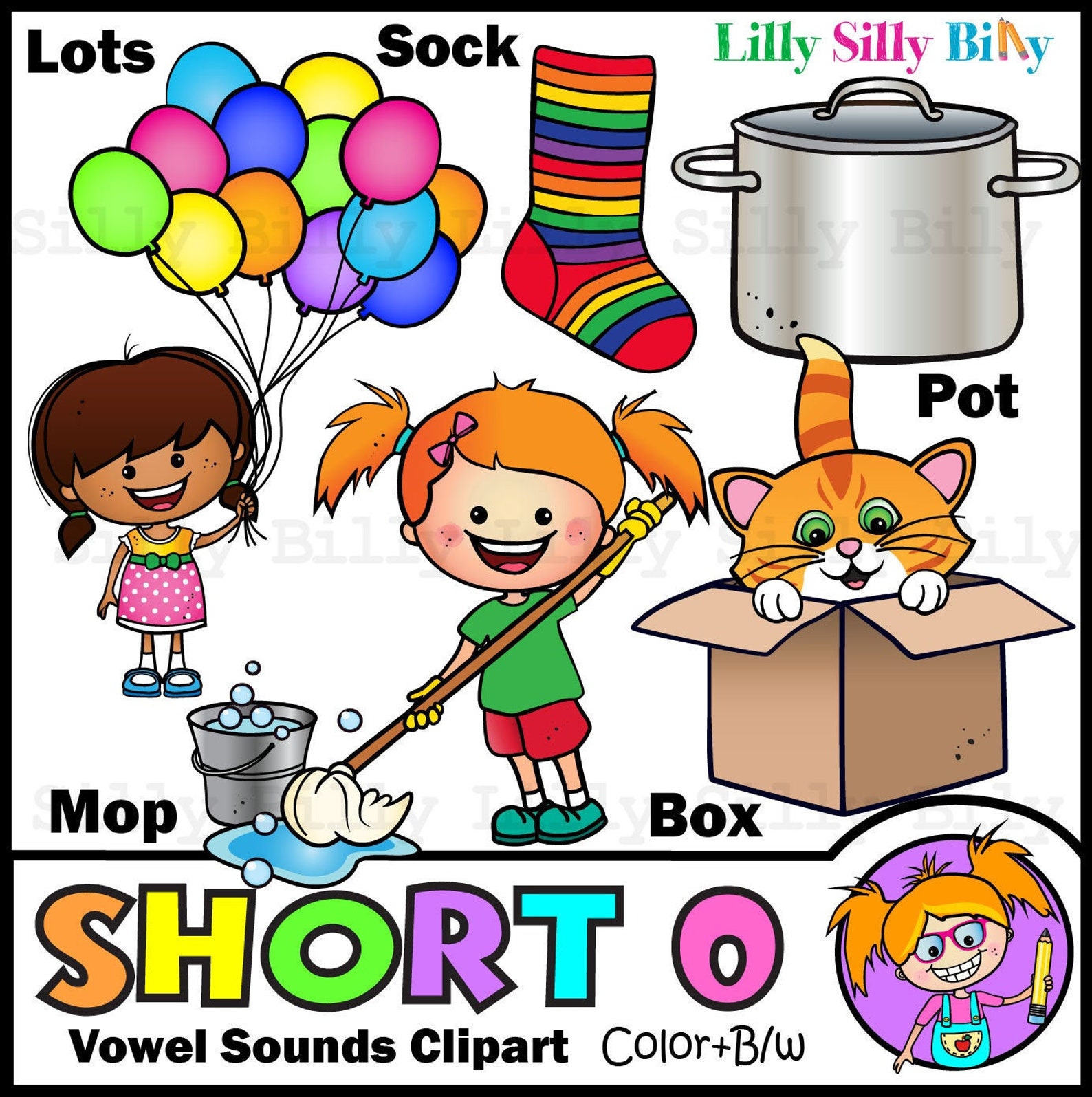 Phonics SHORT O Vowel Sound B/W & Color Clipart. lilly Silly Billy - Etsy