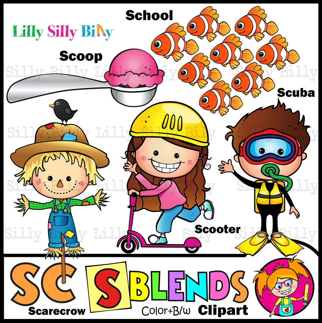 S Blends (sc), Black and White and Color Clipart. Word Illustrations ...