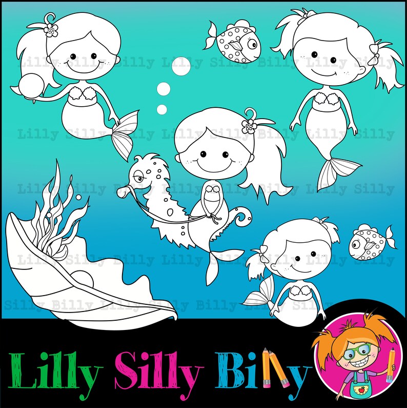 Mermaids clipart Color and Black and White commercial use | Etsy