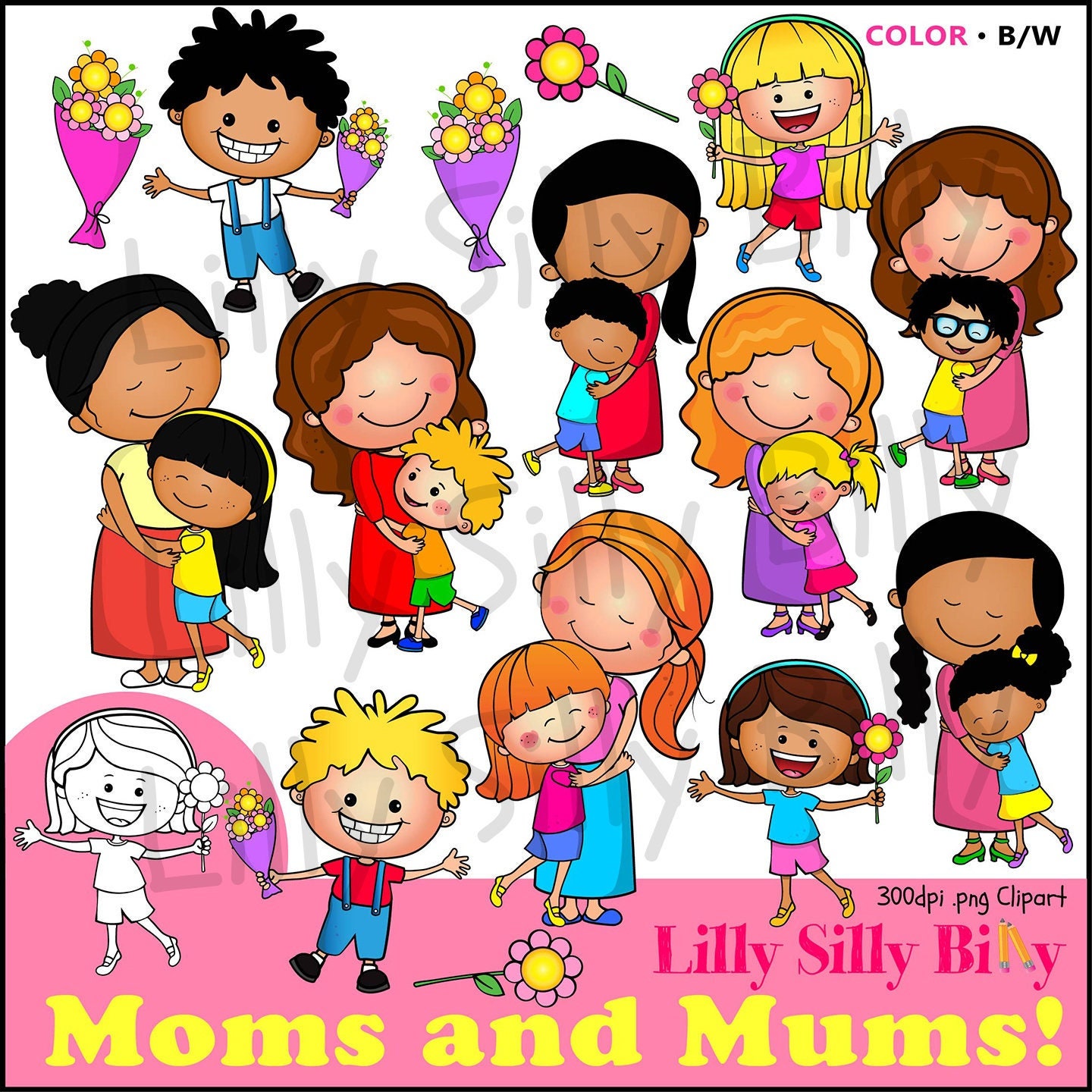 Moms and Mums Clipart in BLACK & WHITE/ Full Color. Small - Etsy