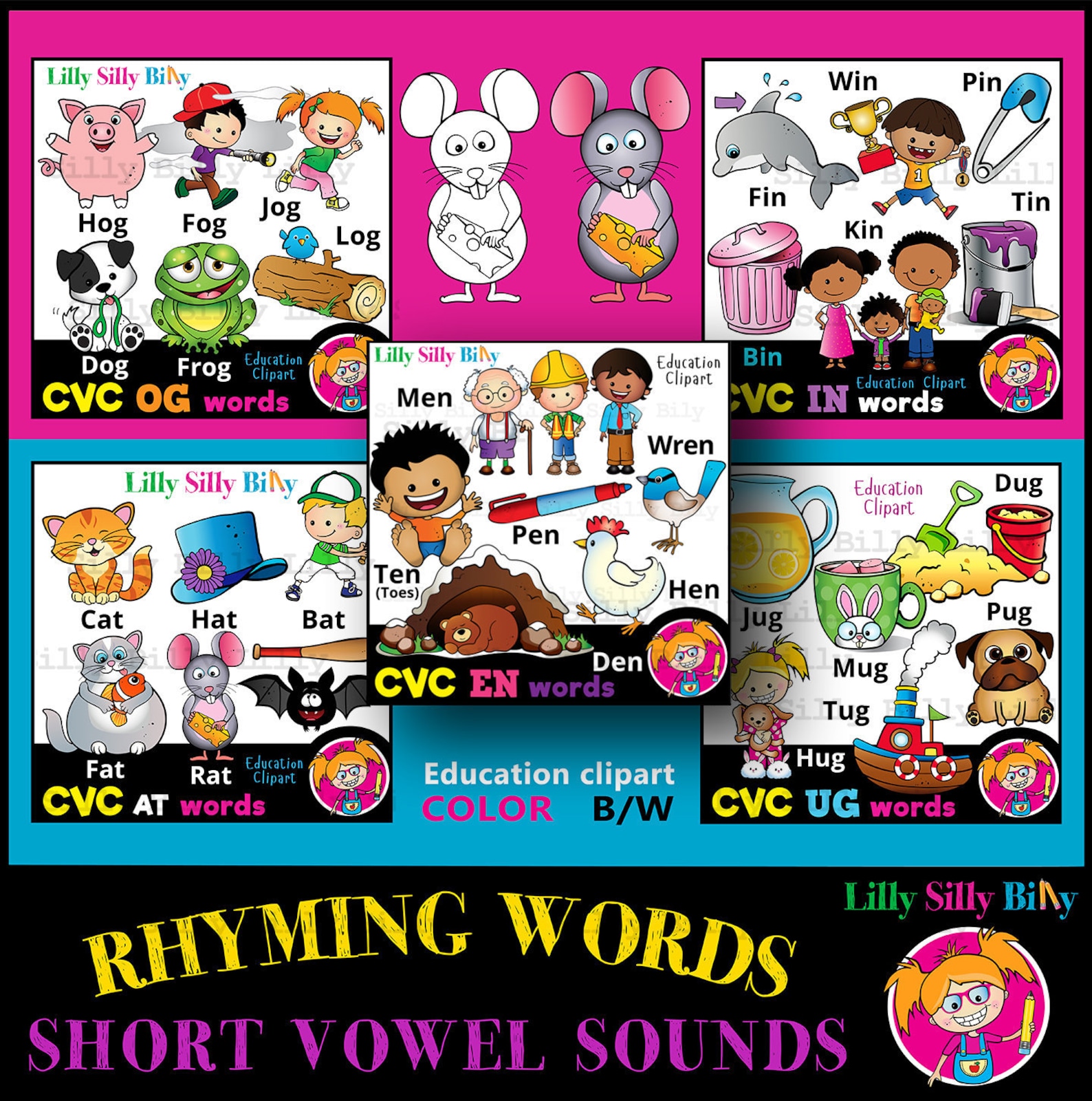 Clip Art VALUE BUNDLE. CVC - Rhyming Words (short Vowels). 62 Clipart ...