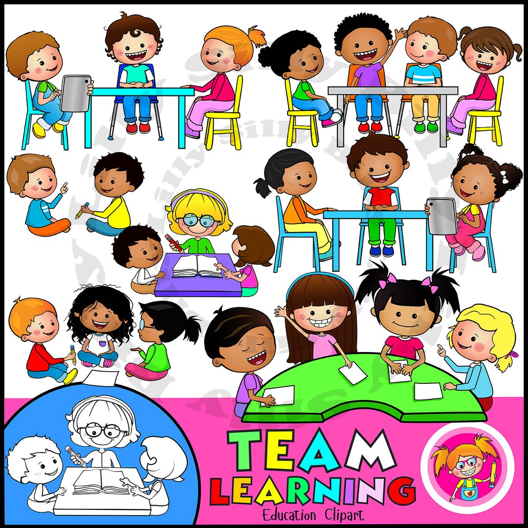 Team Learning. Clipart Kids Working Together. Color & Black/white ...