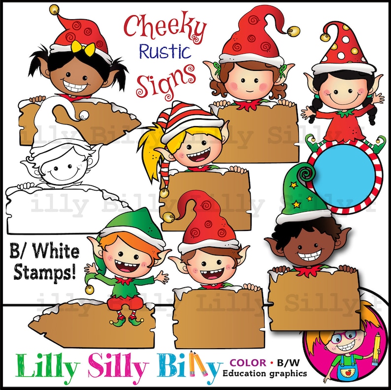 Cheeky Elf Christmas clipart Signs BLACK and WHITE/ and - Etsy