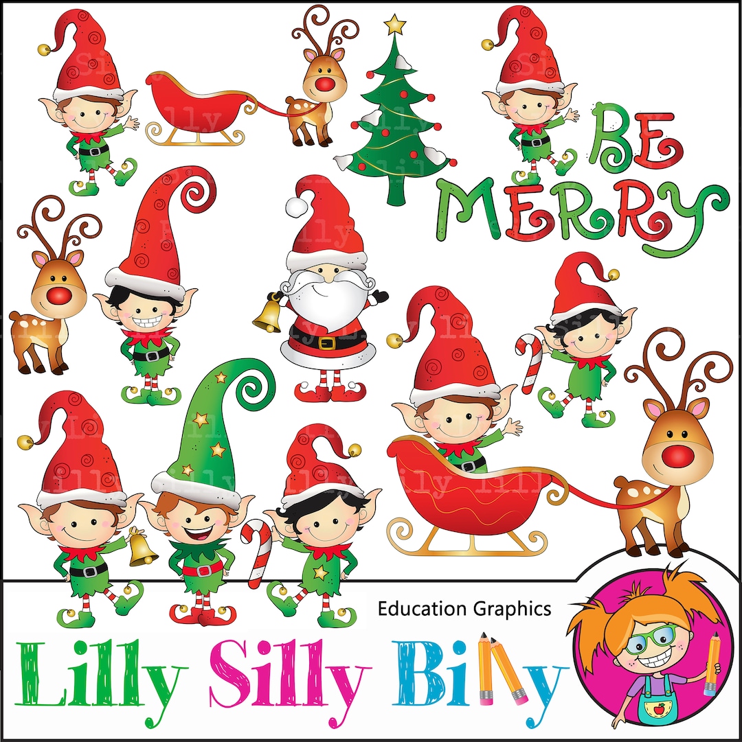 Christmas Clipart, Whimsical and Festive Elves, Santa Claus, Reindeer ...