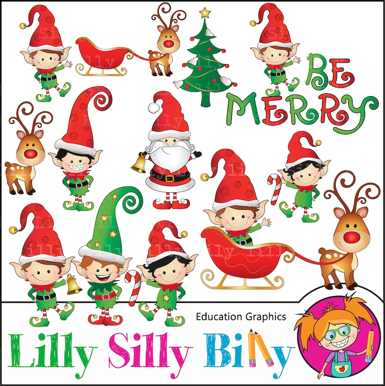 Christmas Clipart, Whimsical and Festive Elves, Santa Claus, Reindeer ...