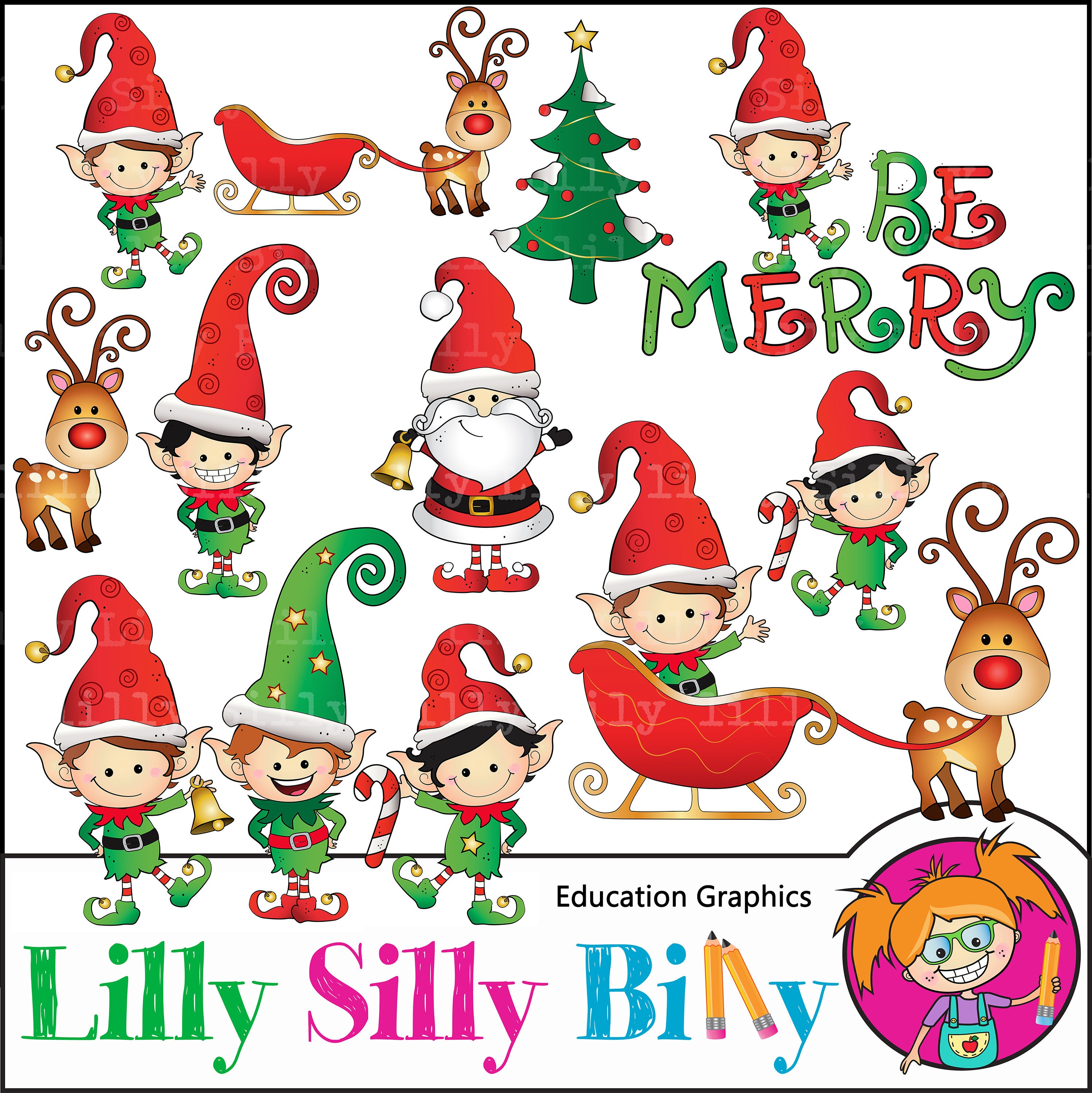 Christmas Clipart, Whimsical and Festive Elves, Santa Claus, Reindeer ...