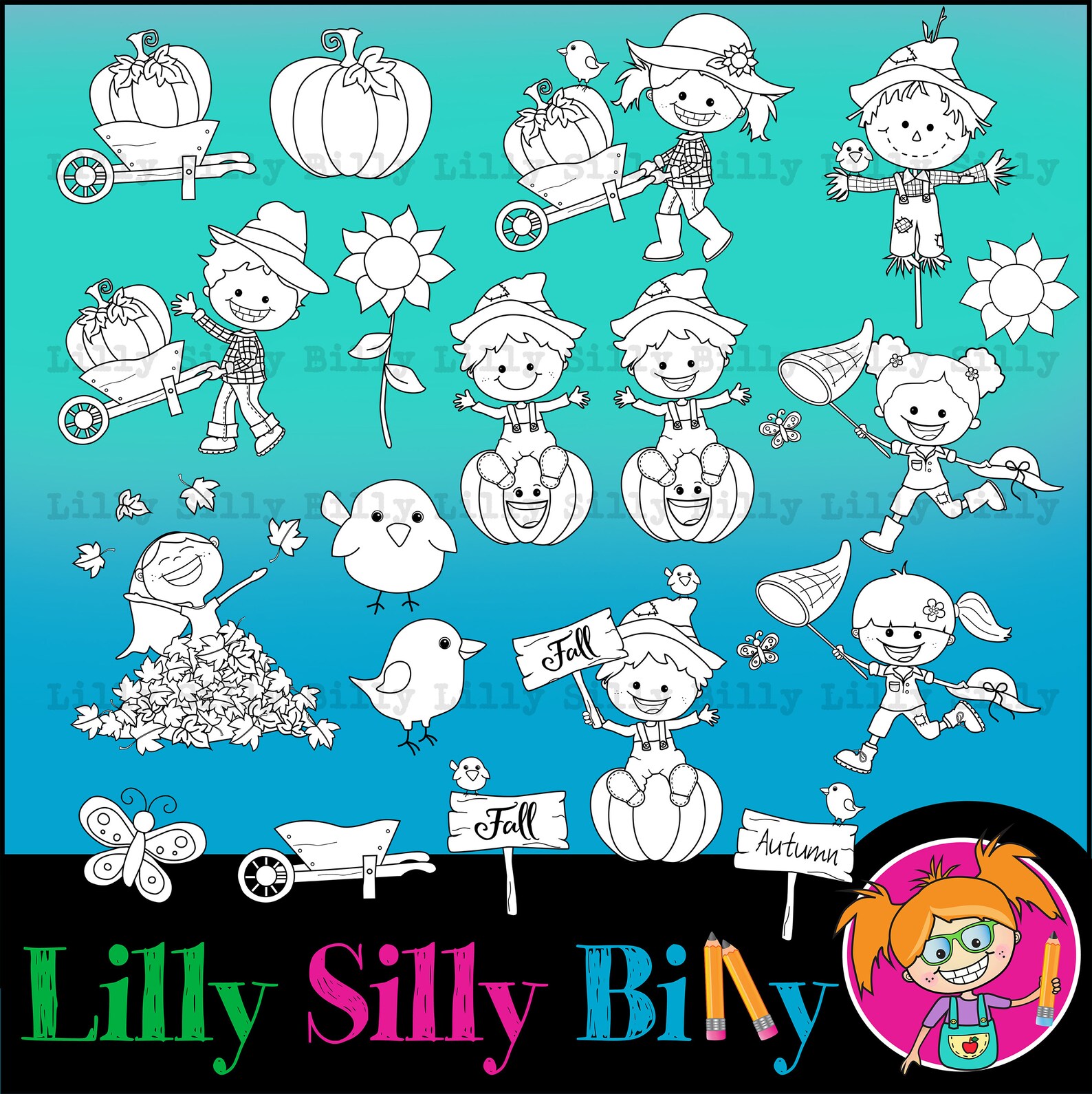 Scarecrow in Fall BLACK AND WHITE Plus Color Clipart Set. - Etsy