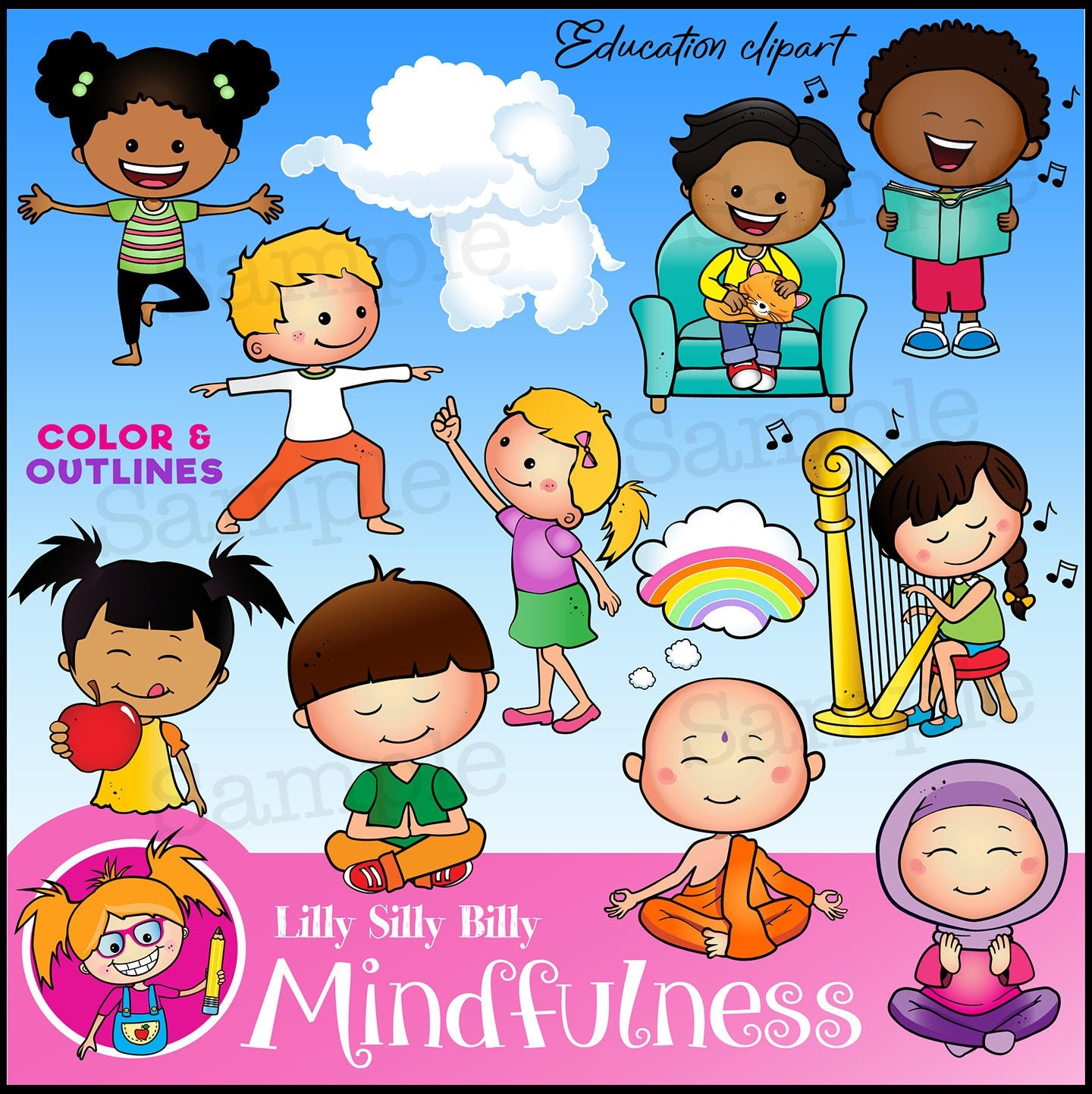 Mindfulness Clipart BUNDLE. BLACK and WHITE and Full Color - Etsy India