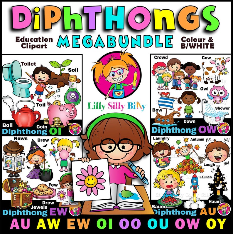 Diphthong BUNDLE. Phonics 192 Clipart Images in Black and | Etsy