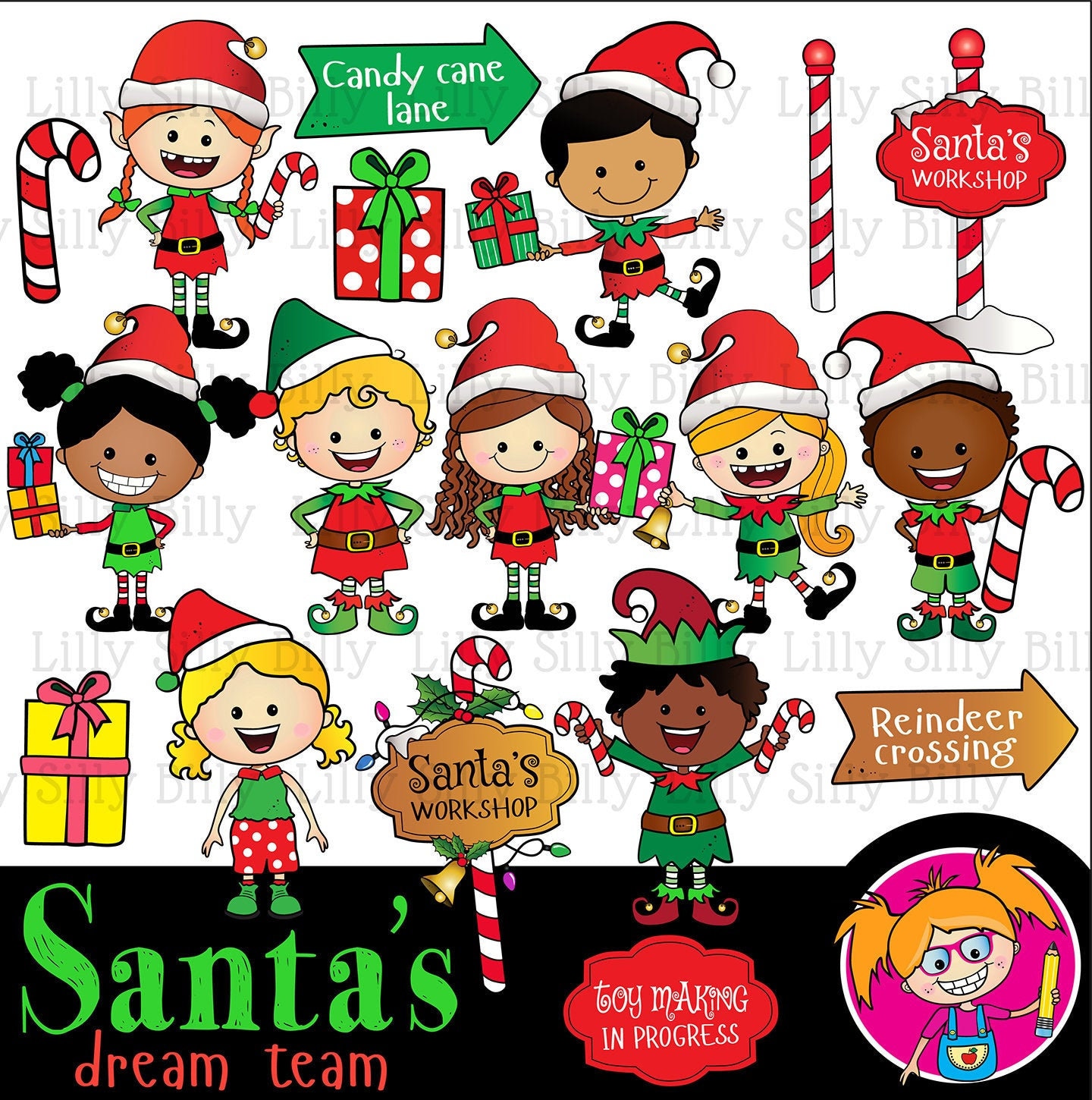 Santa's Dream Team - BLACK and WHITE/ and Full Color BUNDLE. Festive ...