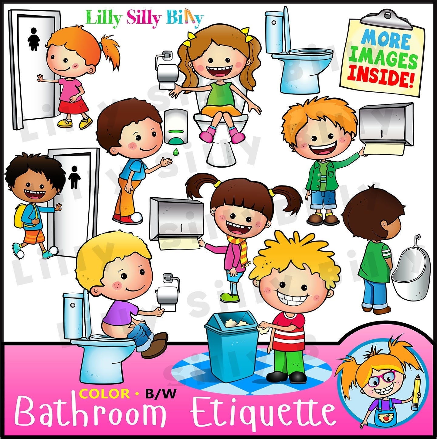 Bathroom Etiquette BLACK and WHITE/ and Full Color Clipart. Educational ...