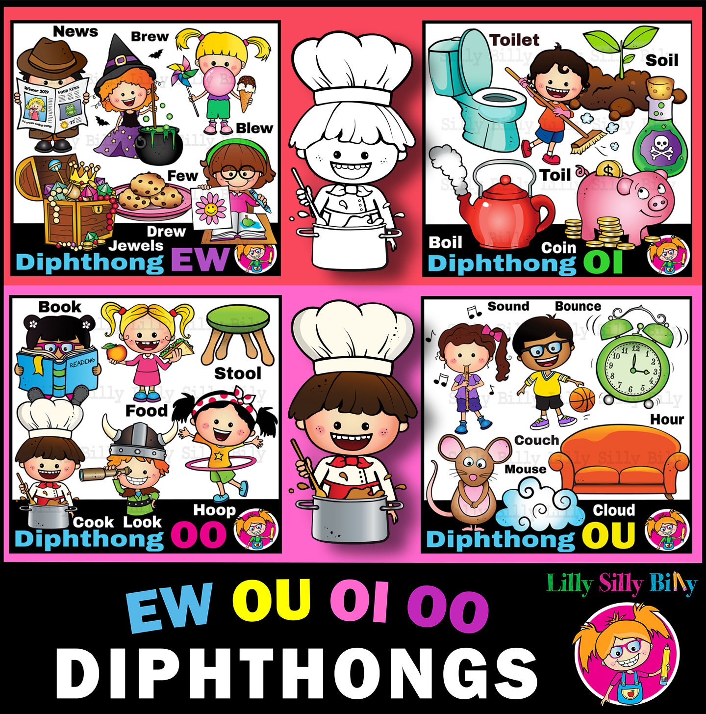 Diphthong BUNDLE. Phonics, 192 Clipart Images in Black and White Stamps ...