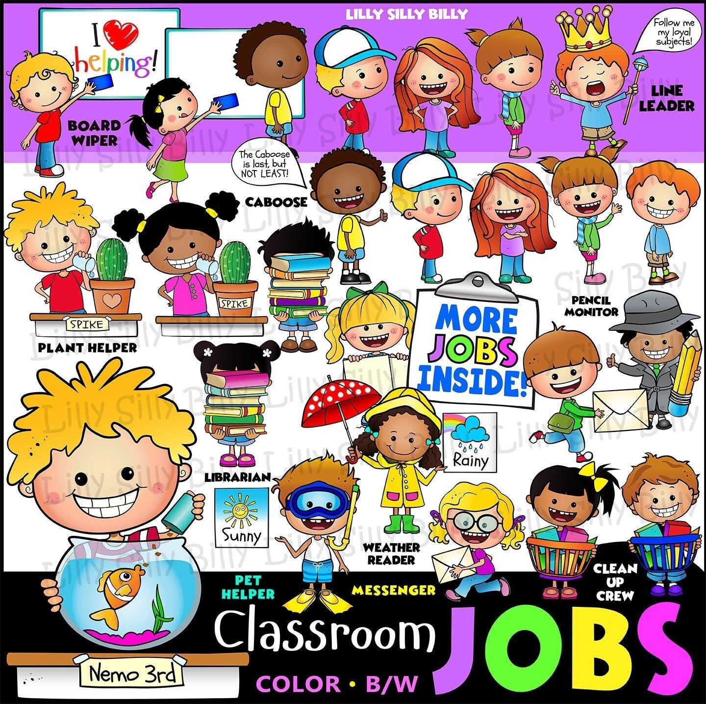 Classroom JOBS BLACK and WHITE/ and Full Color Clipart. Educational and ...