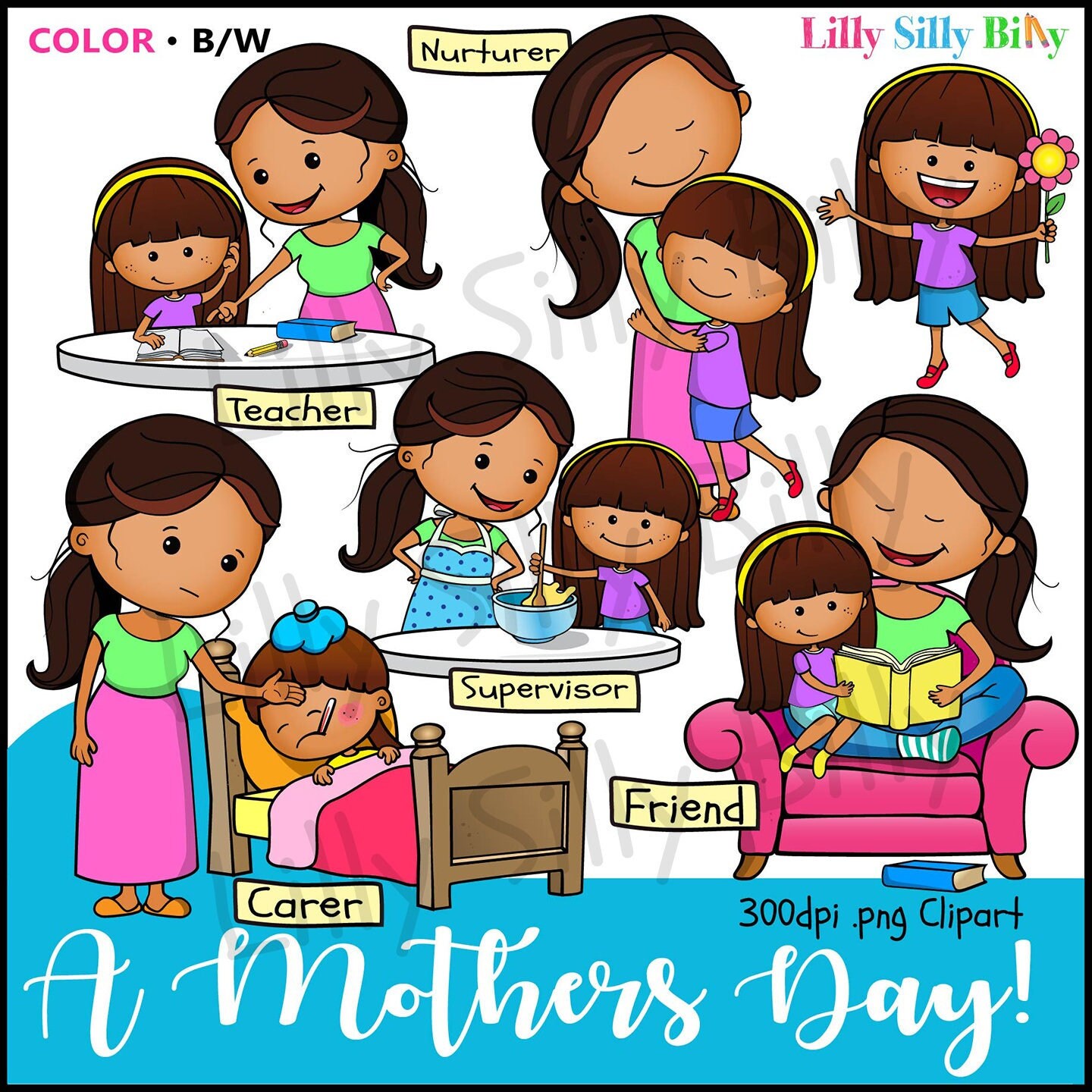 A Mothers Day brown Skin Clipart in BLACK & WHITE/ Full Color. Small ...