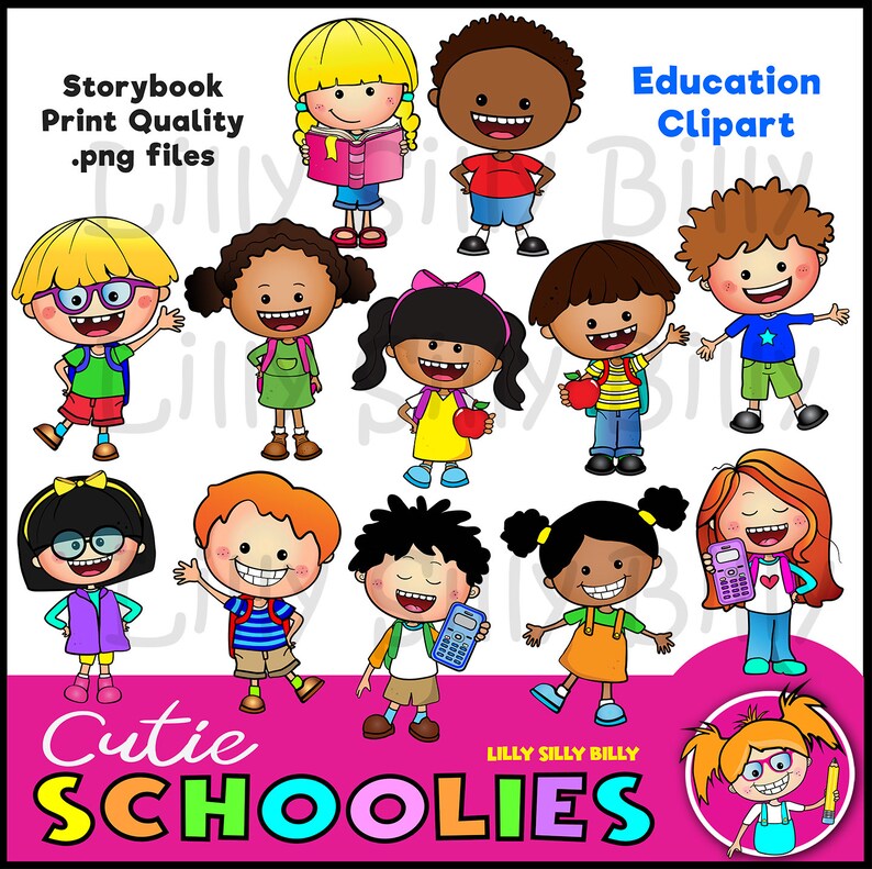 Cutie Schoolies. Clipart Black and White & COLOR Small - Etsy