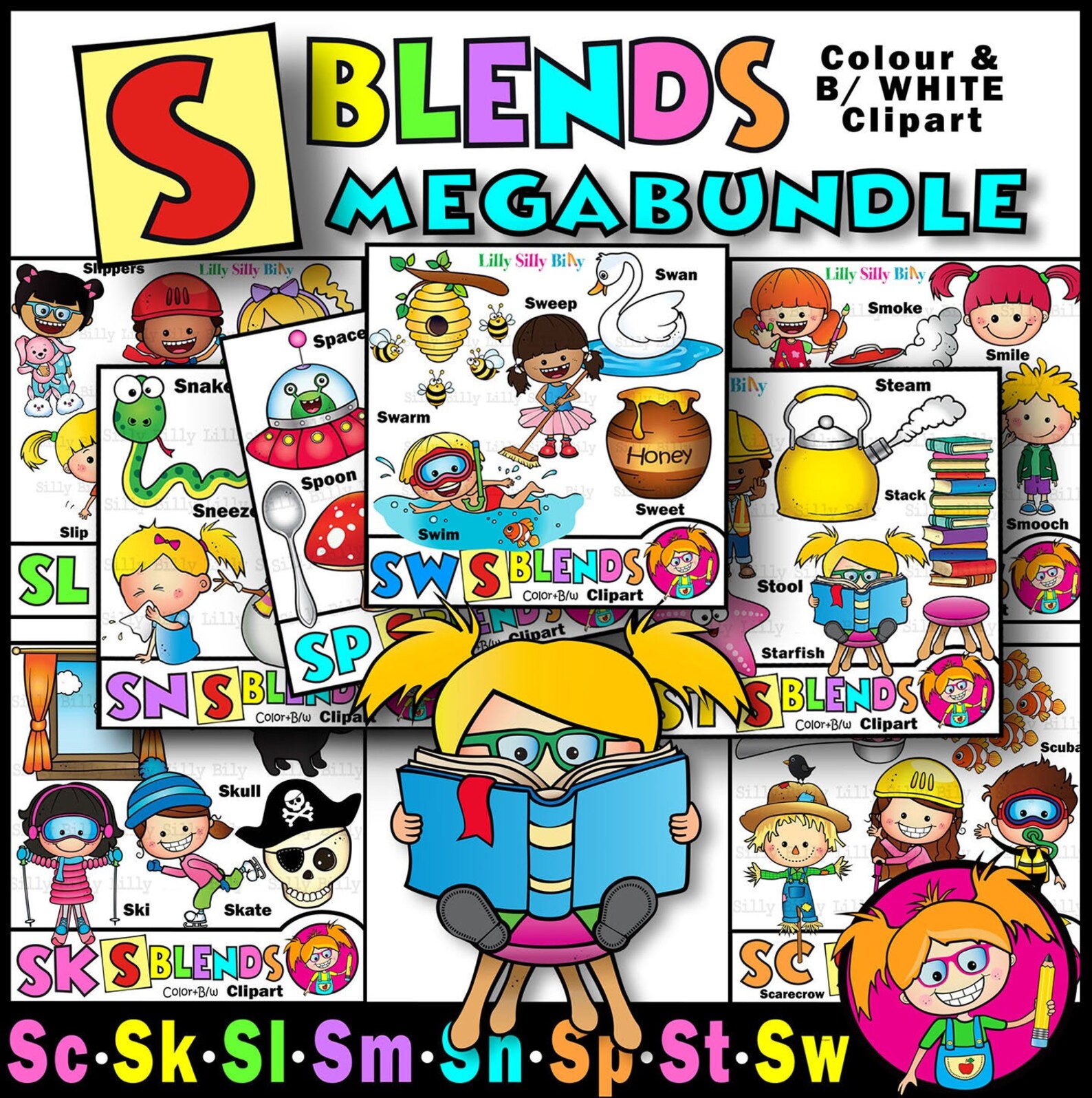 S Blends 8 Set Phonics Clipart BUNDLE. Illustrated words | Etsy
