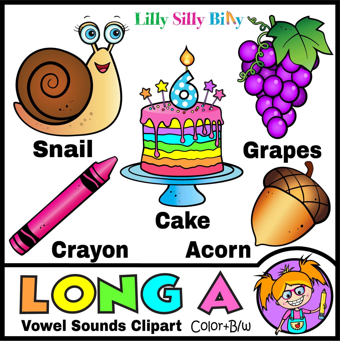Phonics 50 Image LONG VOWELS BUNDLE B/W & Color Clipart. | Etsy
